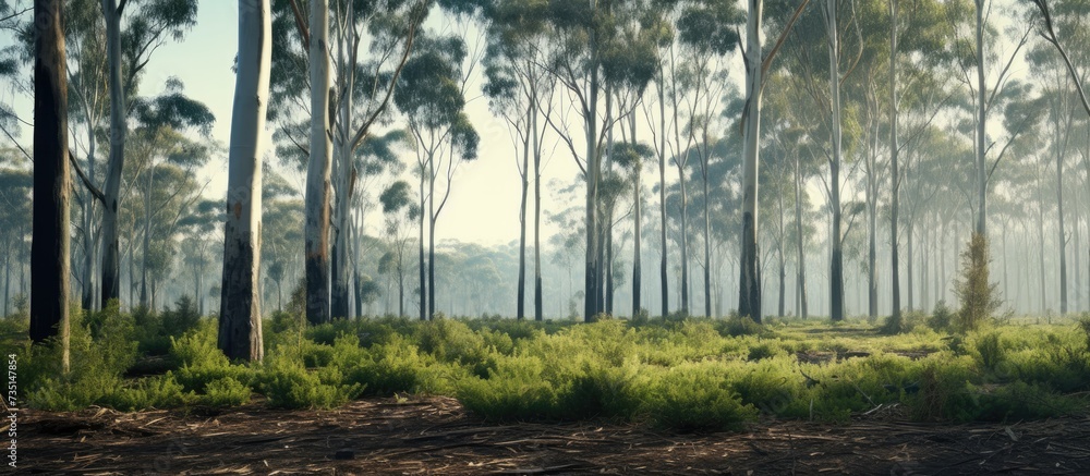 Planting trees in a plantation sowing eucalyptus timber in a mounds in ...