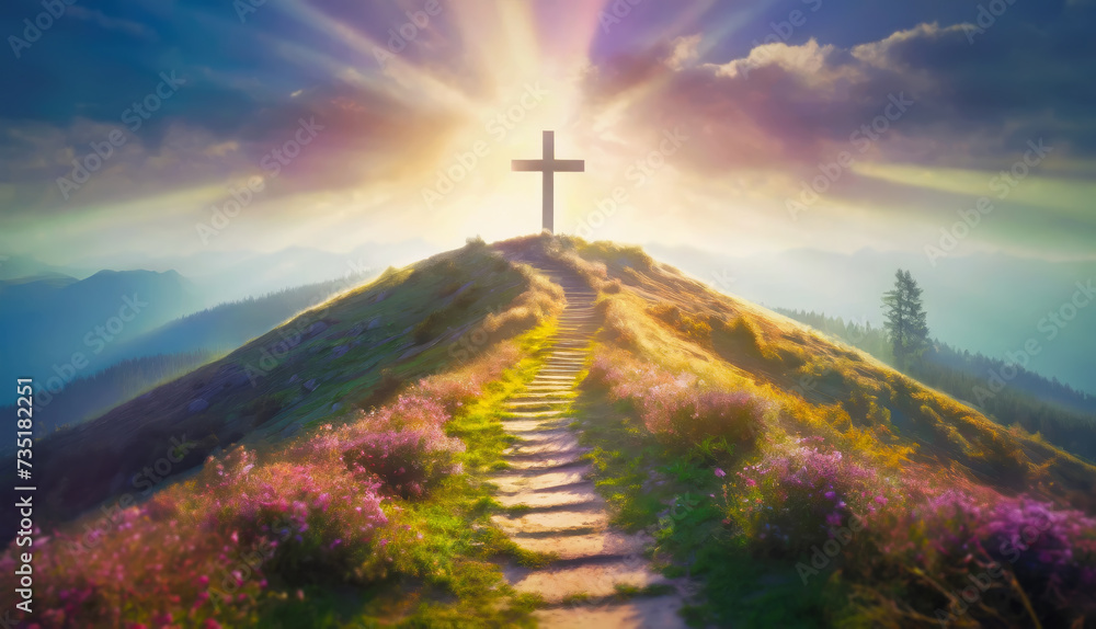 Footpath leading to a cross on top of the hill backlit by soft light ...