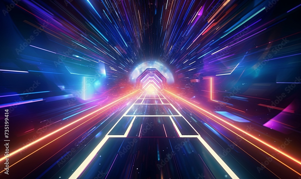 Digital neon hyperjump tunnel background. Cyber blank glowing 3d road ...