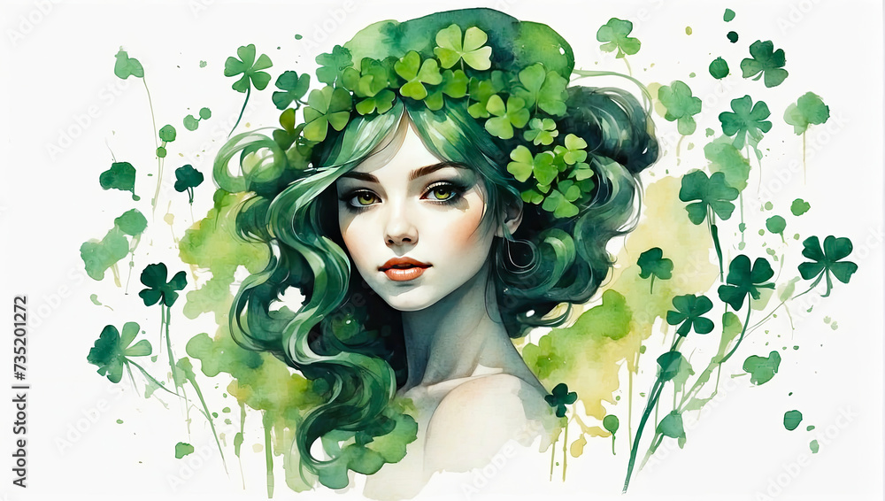 Watercolour portrait young woman with a hairstyle with clover leaves in ...