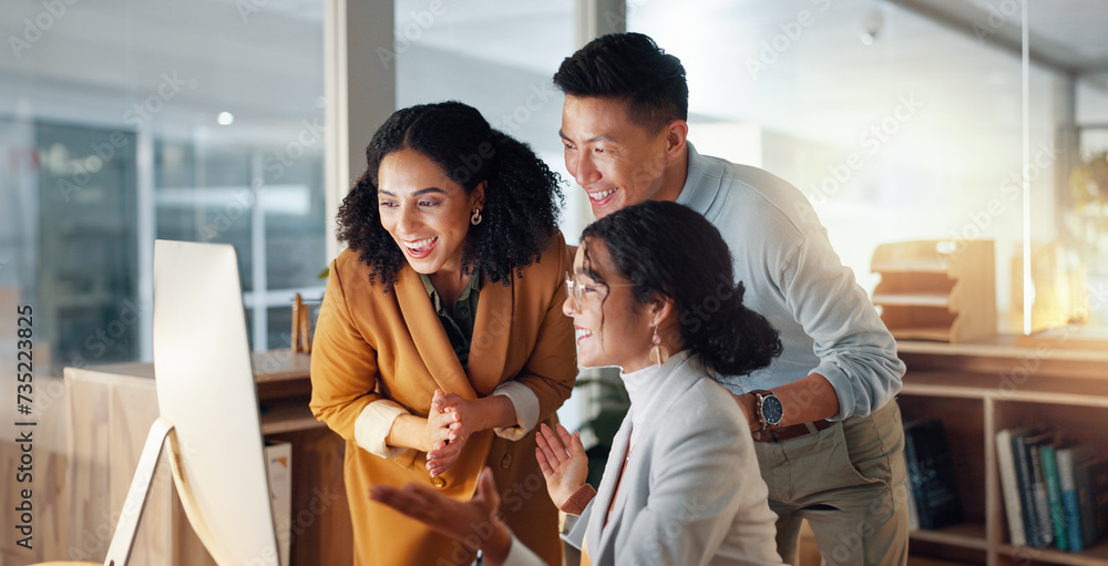 Business, people and celebrate for teamwork success, support and ...