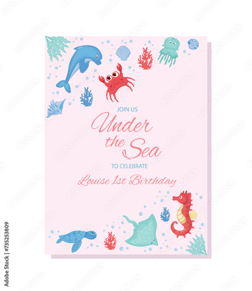 Birthday invitation set under sea theme background template, children's ...