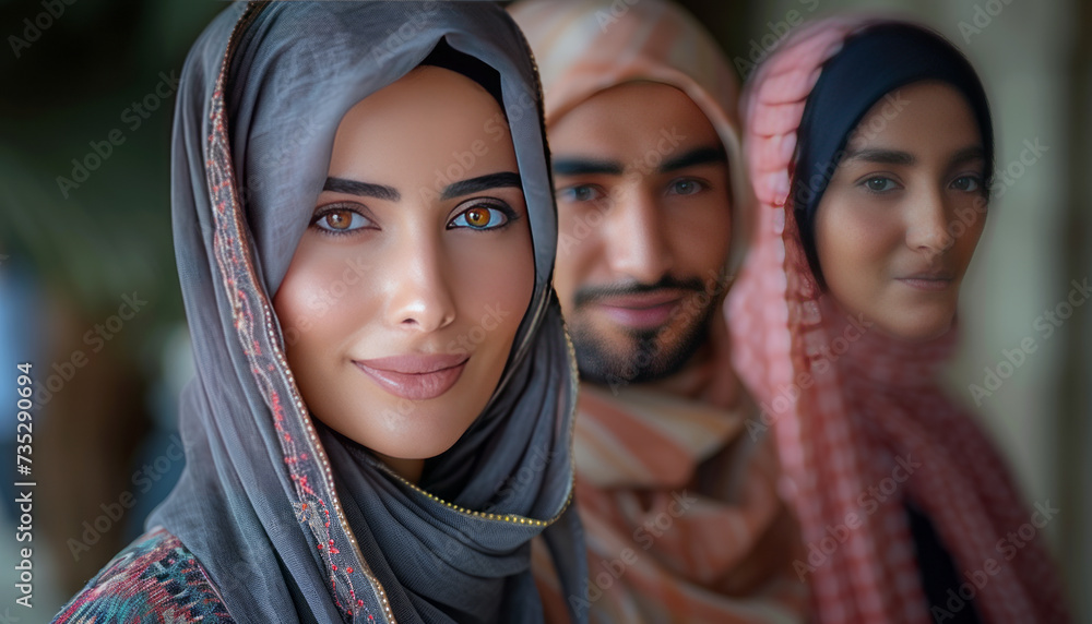 Arab man and woman in traditional attire pose for group portrait in ...