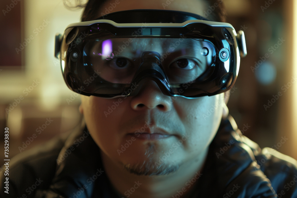 A stylish man confidently dons his cool goggles, adding an edgy touch ...