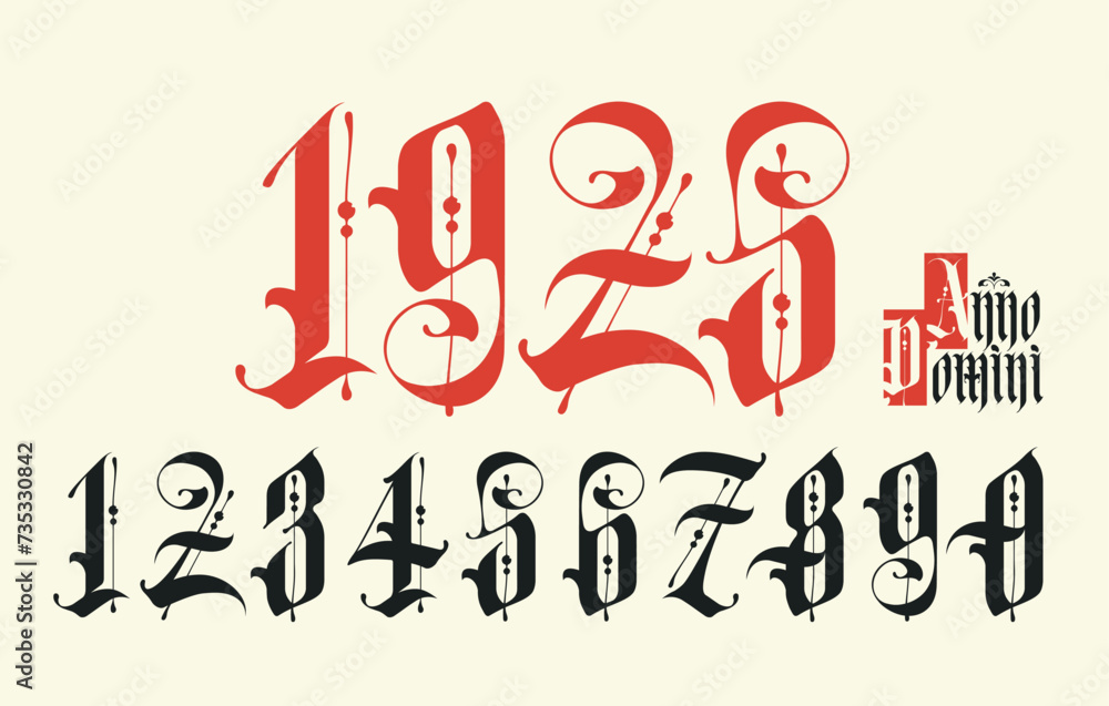 Arabic numerals from 0 to 9 from a Gothic style font. Latin phrase From ...