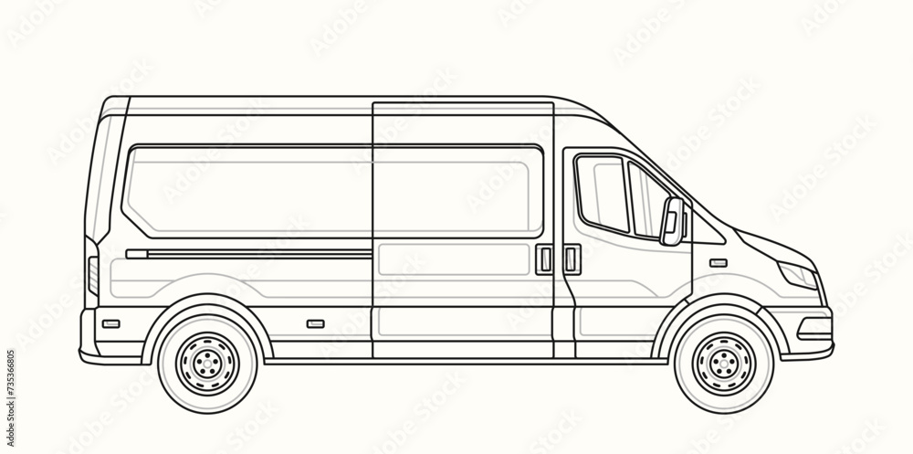 Van linear side view. Contour sketch of transport. Minimalistic ...