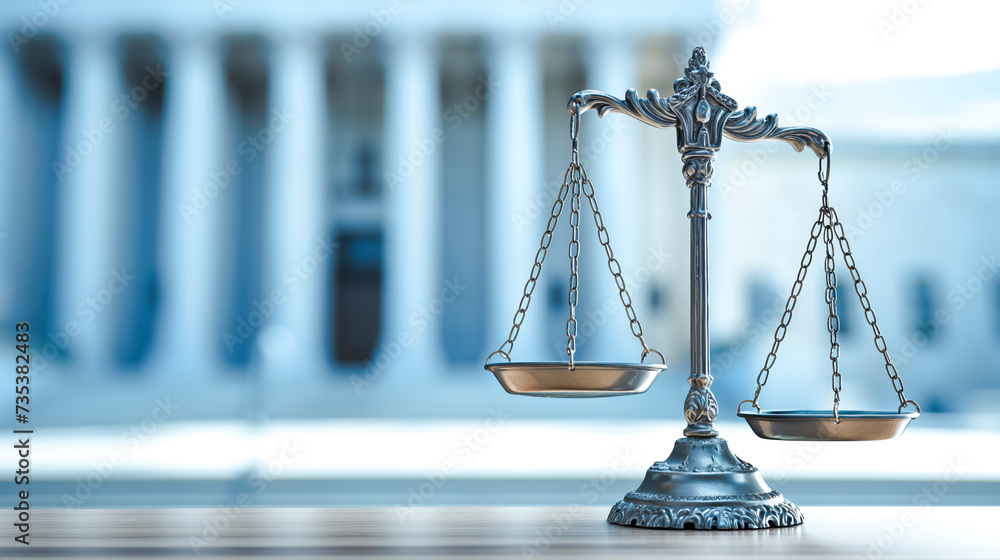 Fairness scales of justice with a court house building in background ...