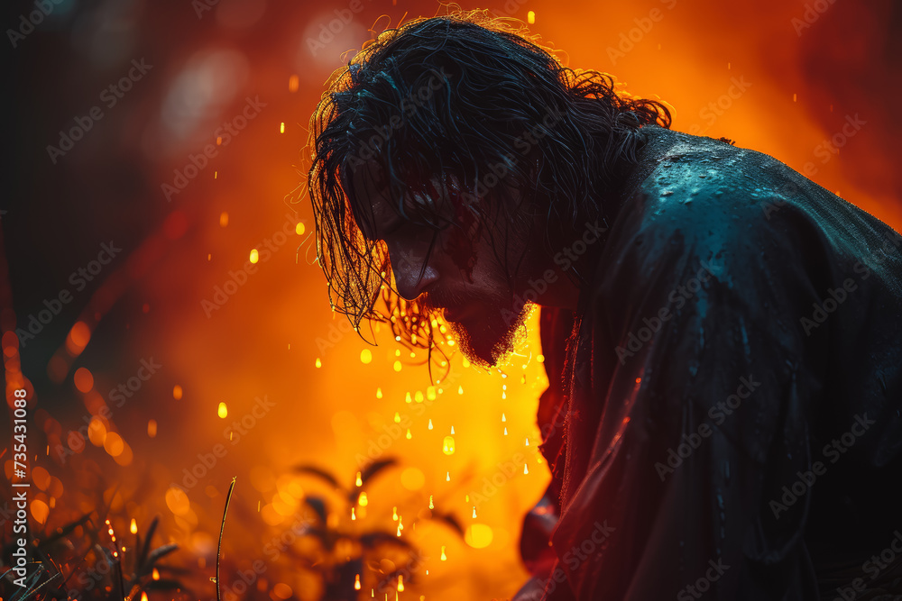 Imagination of Christ in the Garden of Gethsemane, praying earnestly as ...