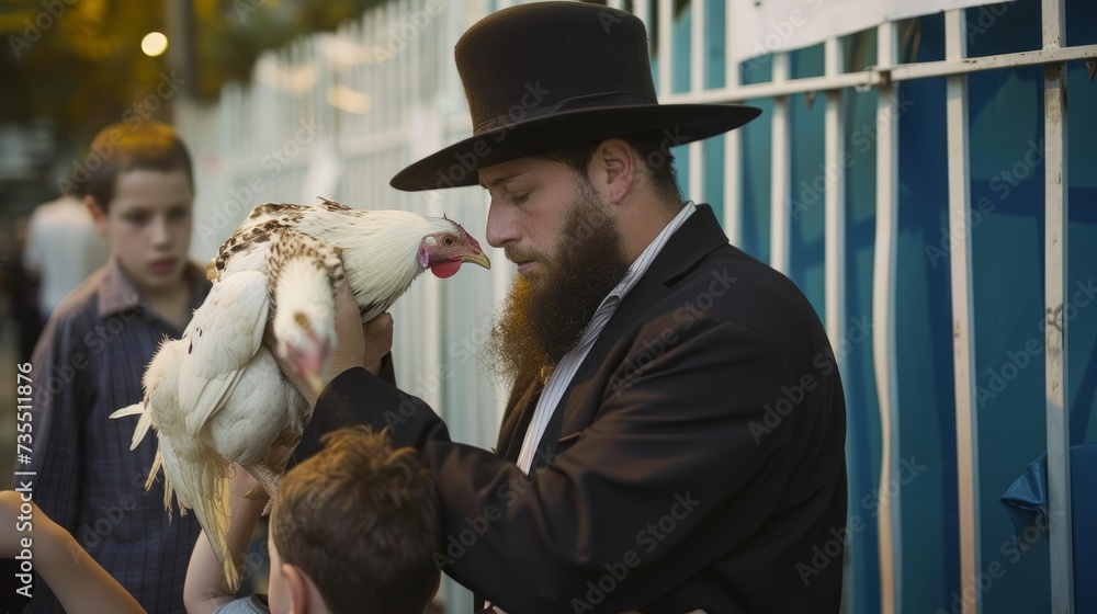 Jewish father Hassidic with dark black fedora hat holding with one hand ...