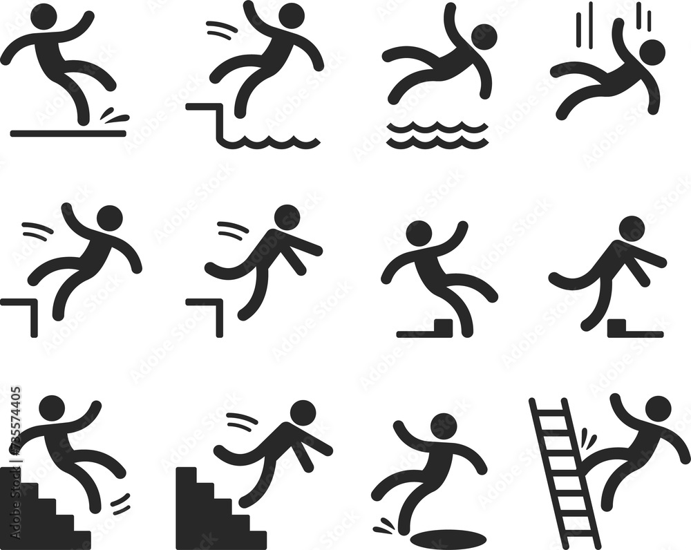 Caution symbols with stick figure man falling. Wet floor, tripping ...