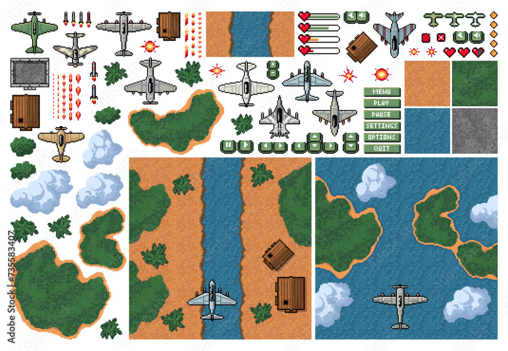 8bit pixel arcade game of fight plane, 2D top view of flight bomber and ...