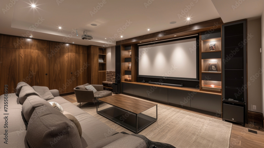 A sleek and modern entertainment room complete with a custombuilt media ...