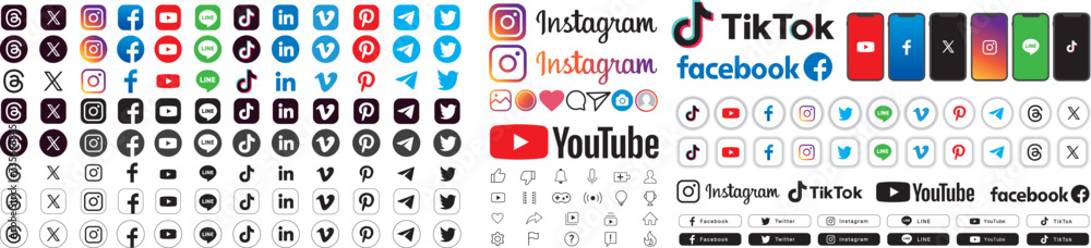 SNS icon logo X, twitter, instagram, youtube, facebook, threads, tiktok ...