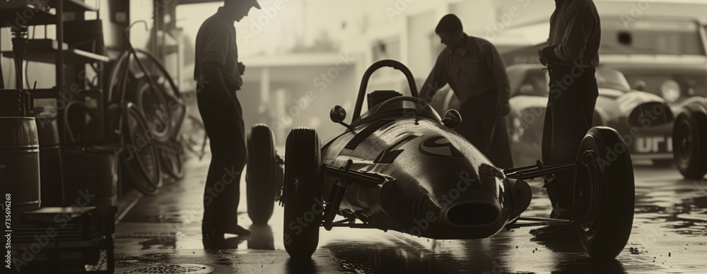 Early years of motor sports, racing cars. garage, pit crew scene. Old ...