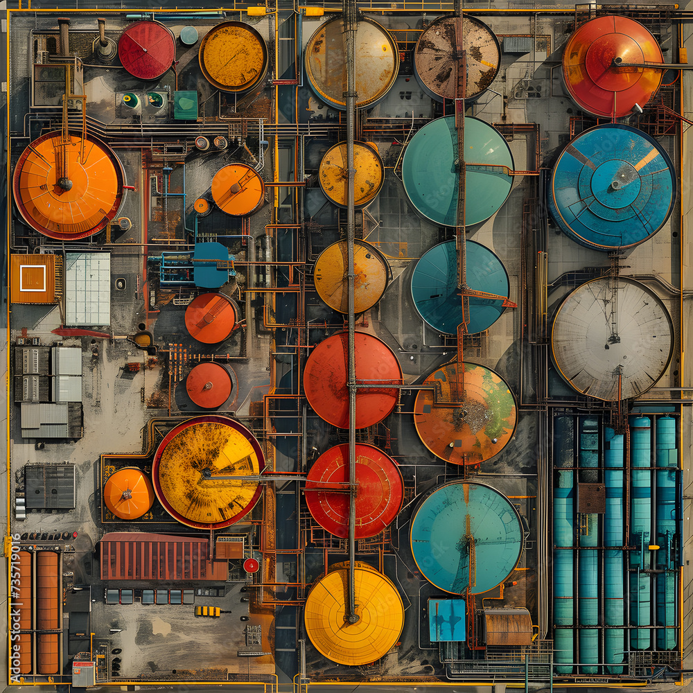 Colorful Industrial oil storage Tanks. A bird's eye view captures the ...