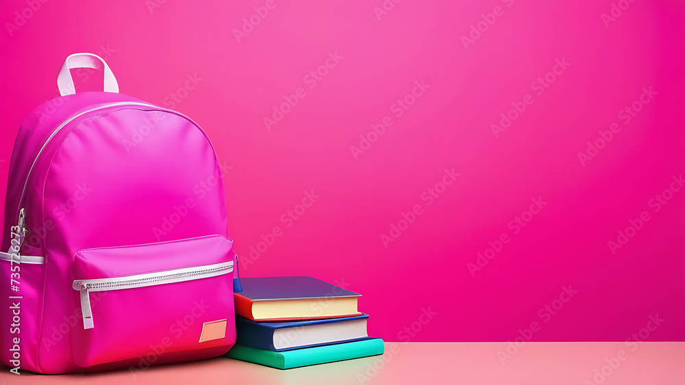 Pink school bag and stack of books with free space for text at the pink ...