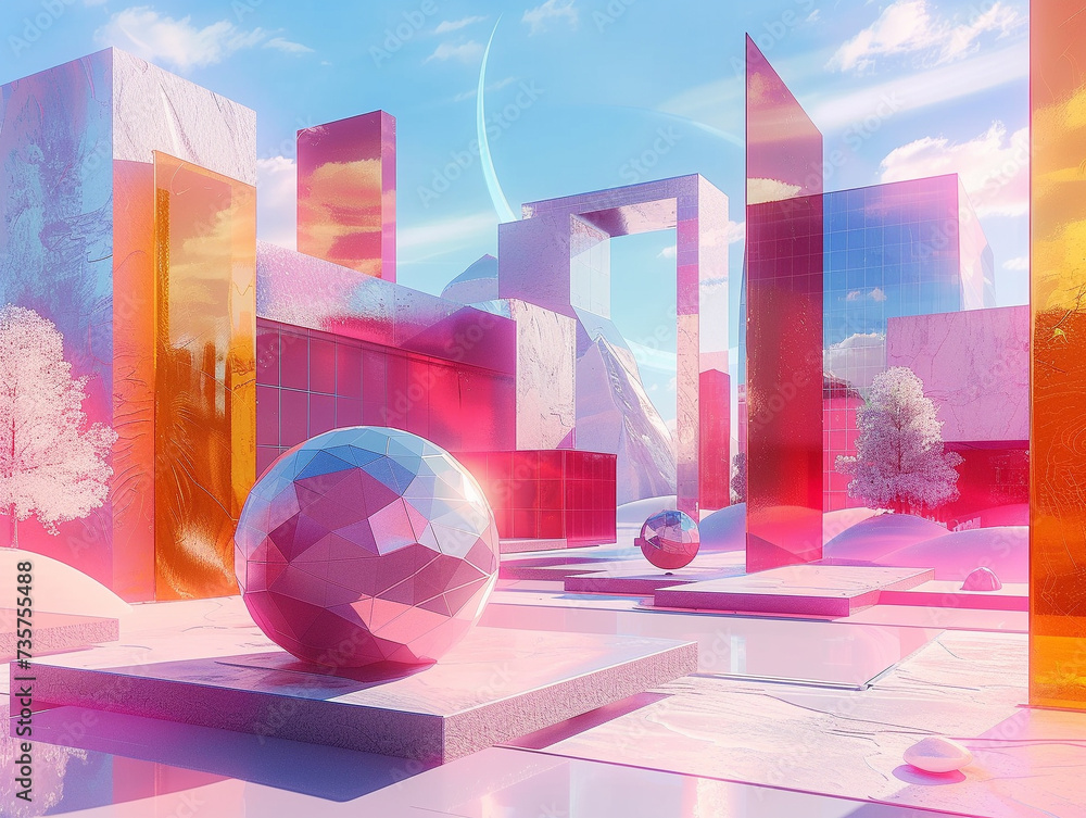 Geometric shapes converging with abstract forms embodied in a high tech ...