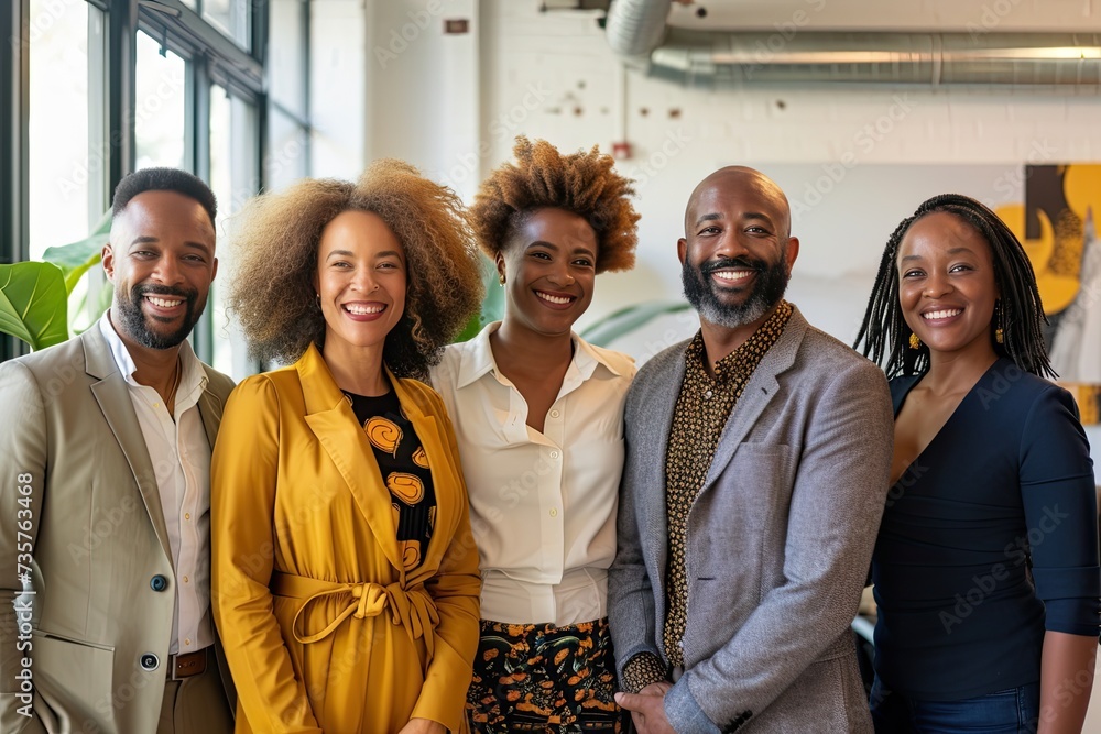 Diverse group of business professionals stands together exuding ...