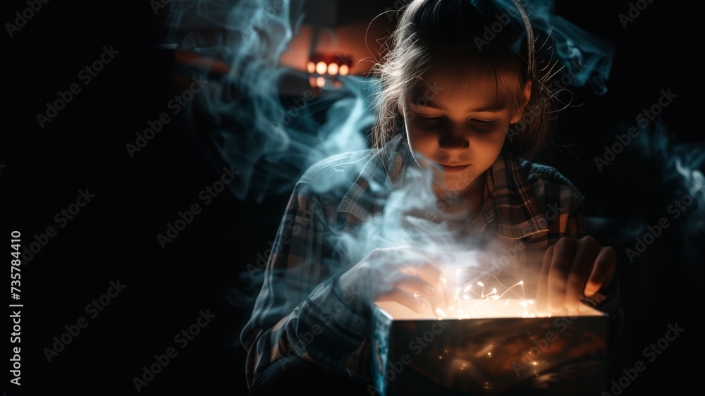 Young teenage girl opening a magical gift box. Light sparks and smoke ...