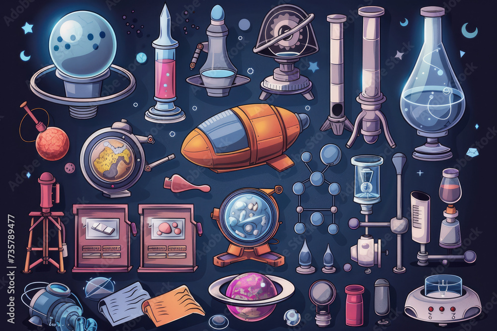 Vector cartoon set of Science theme objects and symbols Stock ...