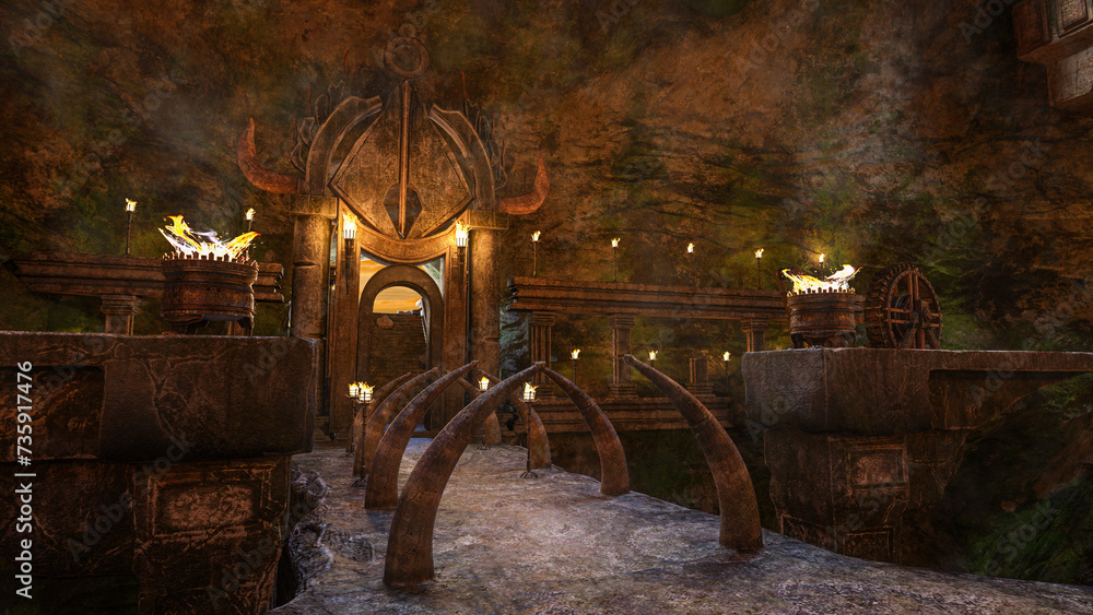 Huge fantasy cave home of the dwarfs. Steps lead down from an entrance ...