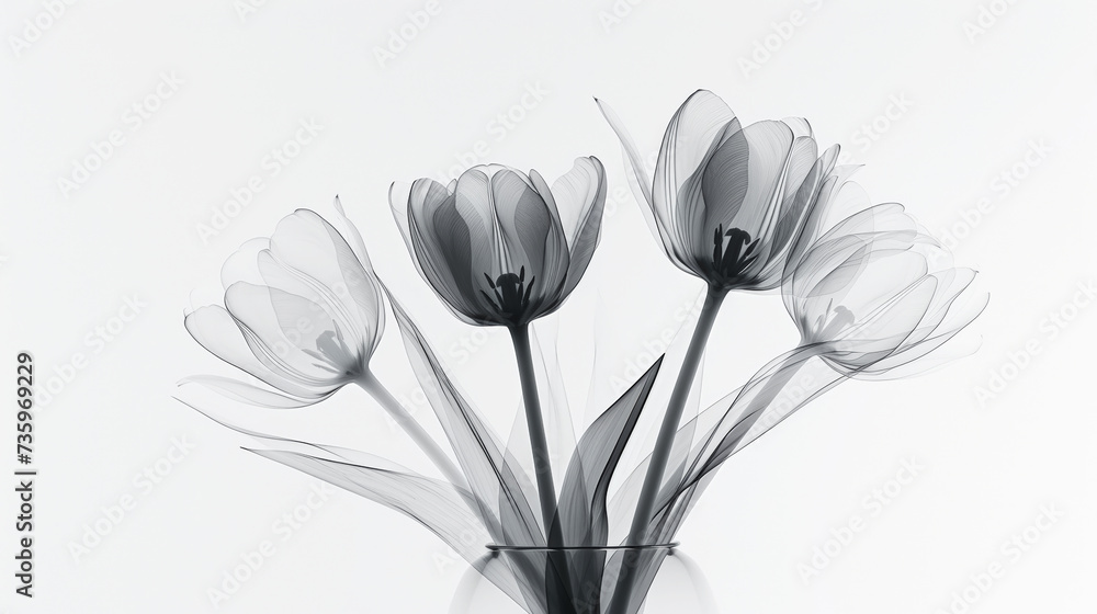 Aesthetic botanical x-ray of tulips in a vase. Harmonious forms ...