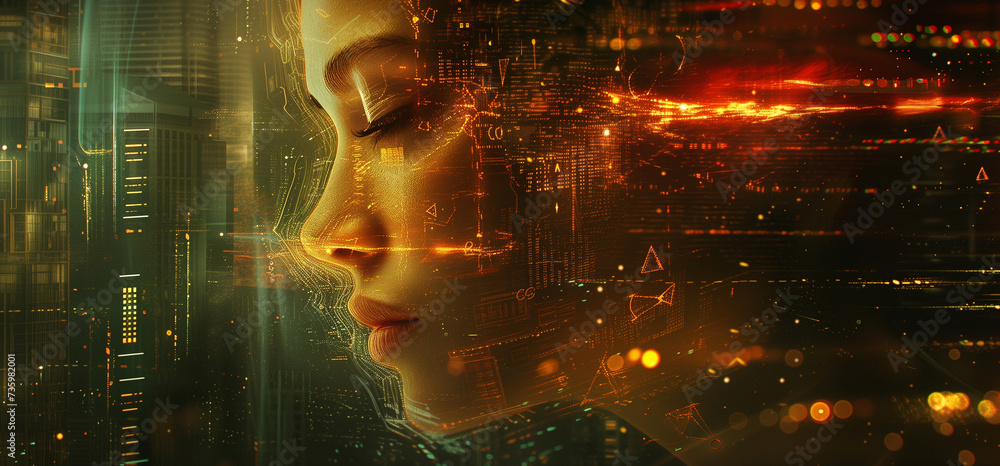 humanoid head, where the neural network is visualized as a radiant neon ...