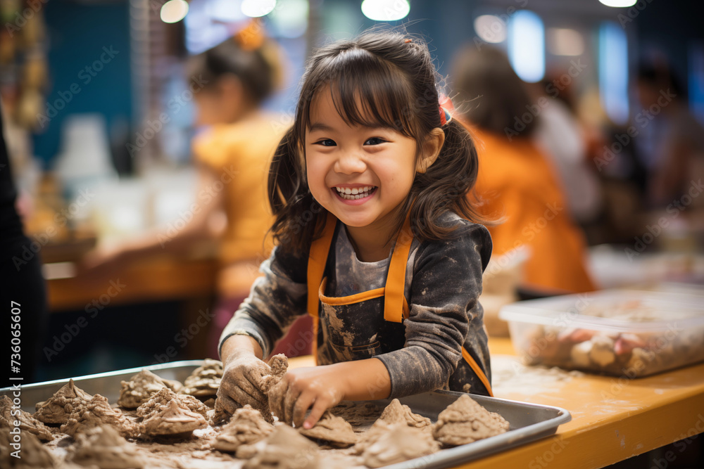 Asian little girl playing with clay Stock Illustration | Adobe Stock