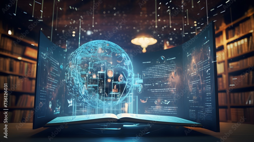 AI in Education. Digital book opening, with AI code and interactive ...