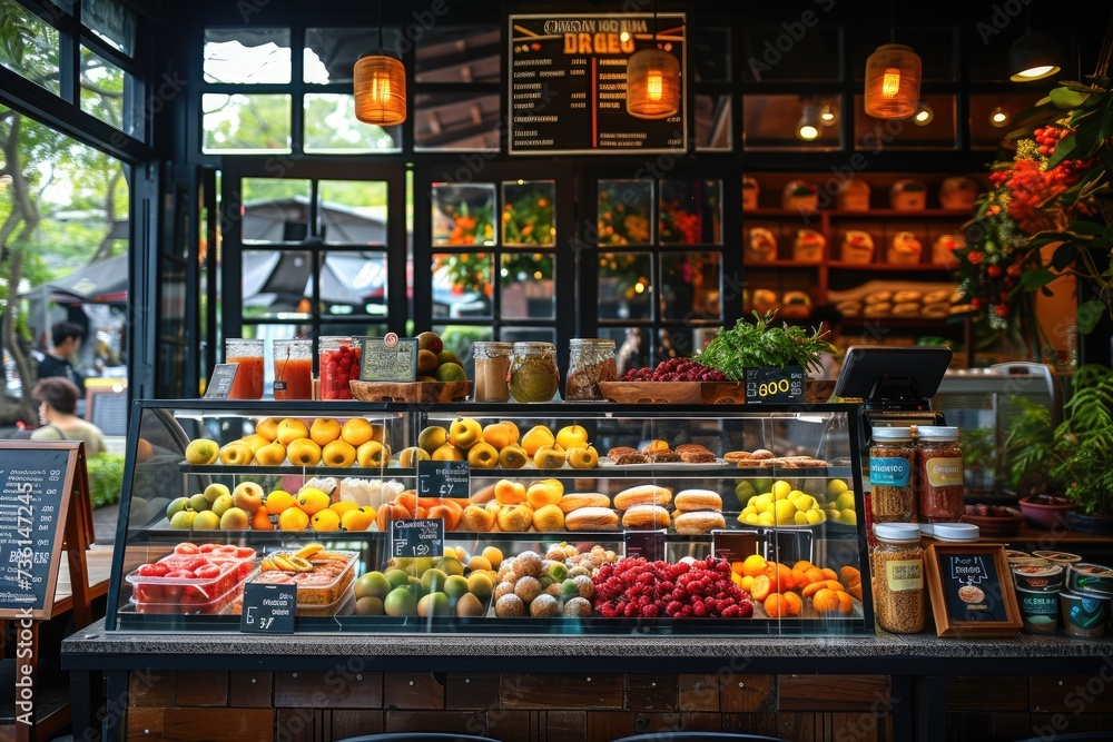 dining table restaurant showing at the top a display of fruits and some ...