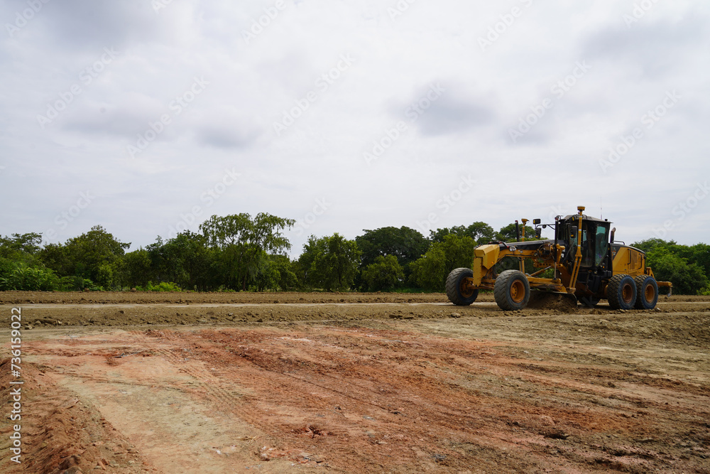construction machines at works, dozer, roller machine, excavator ...