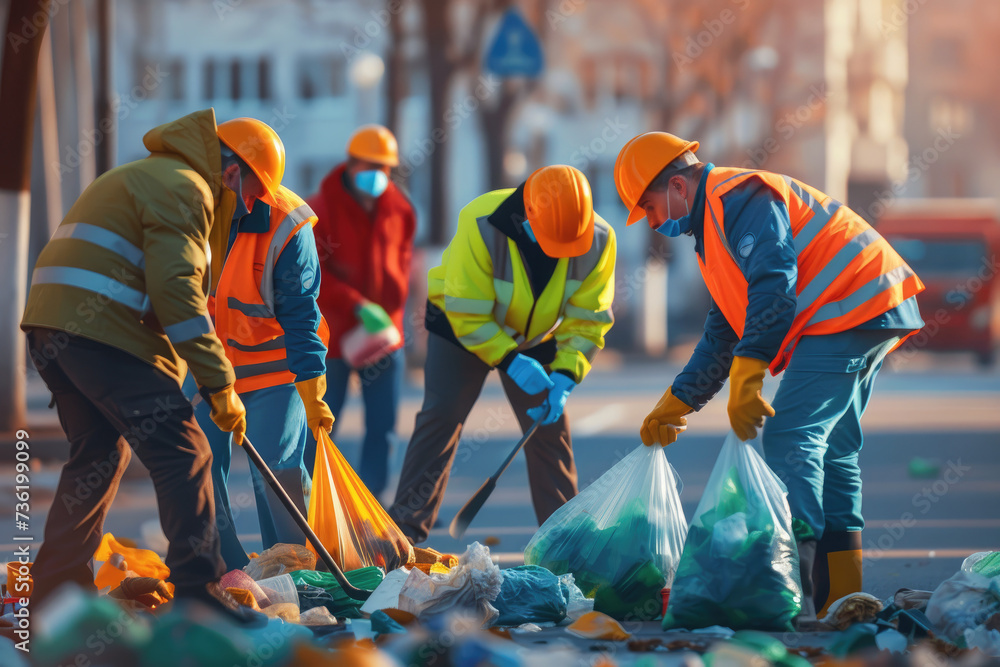 workers wearing hard hats, protective vests and gloves separating and ...
