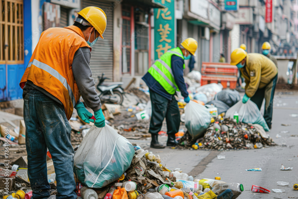 workers wearing hard hats, protective vests and gloves separating and ...