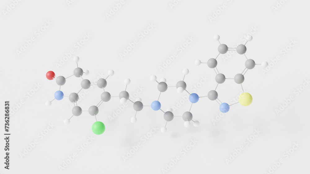 ziprasidone molecule 3d, molecular structure, ball and stick model, structural chemical formula ...