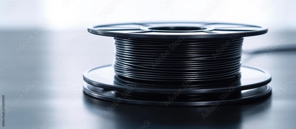 Black 3D printer filament on dark surface, white background, 1.75 ...