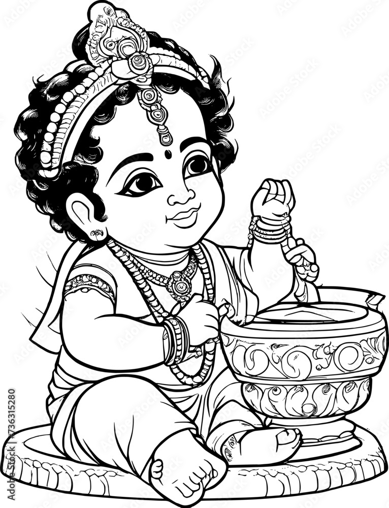 Vector de Stock Little Krishna coloring page line drawing vector design ...