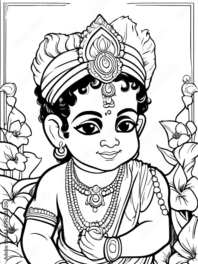Little Krishna coloring page line drawing vector design, Outline baby ...