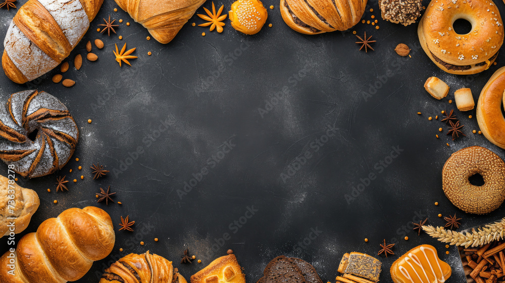Frame of bread products. bread and buns on black chalkboard background ...