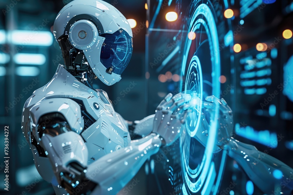A humanoid robot with advanced technology touches a futuristic object ...