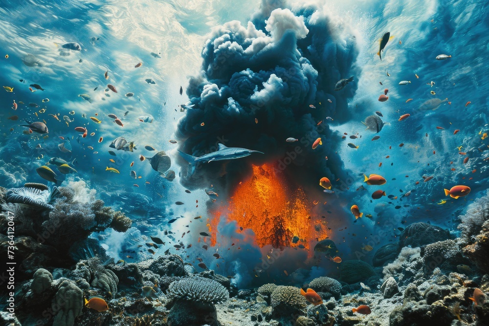 An underwater photo showcasing a view of a volcano amidst a vibrant ...