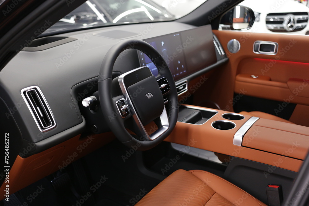 Interior of a car detail SUV Lixiang L9 luxury. Dashboard, steering ...