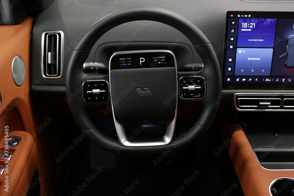 Interior of a car detail SUV Lixiang L9 luxury. Dashboard, steering ...
