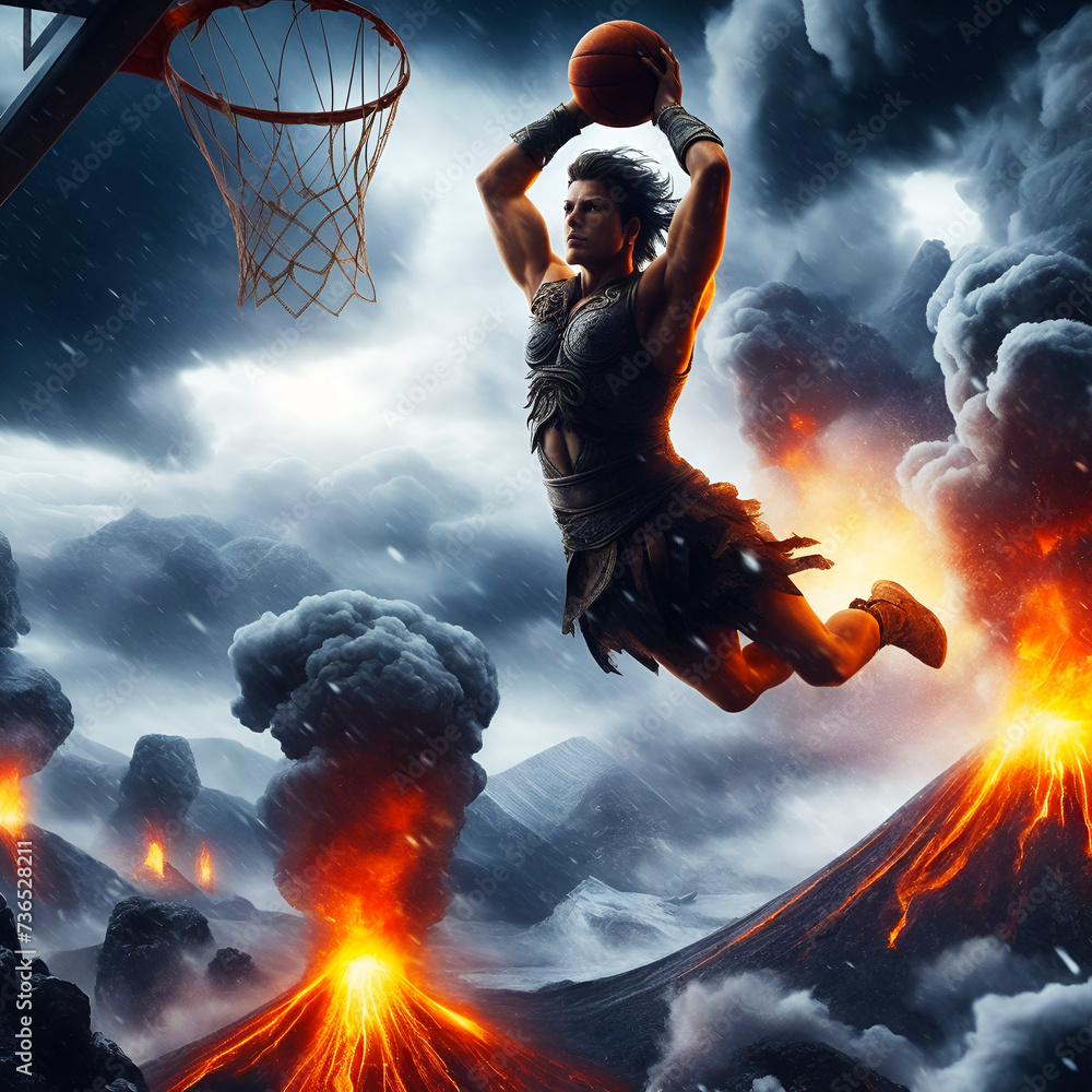 Fantastic basketball player slam dunk the ball into basket. Fantasy ...