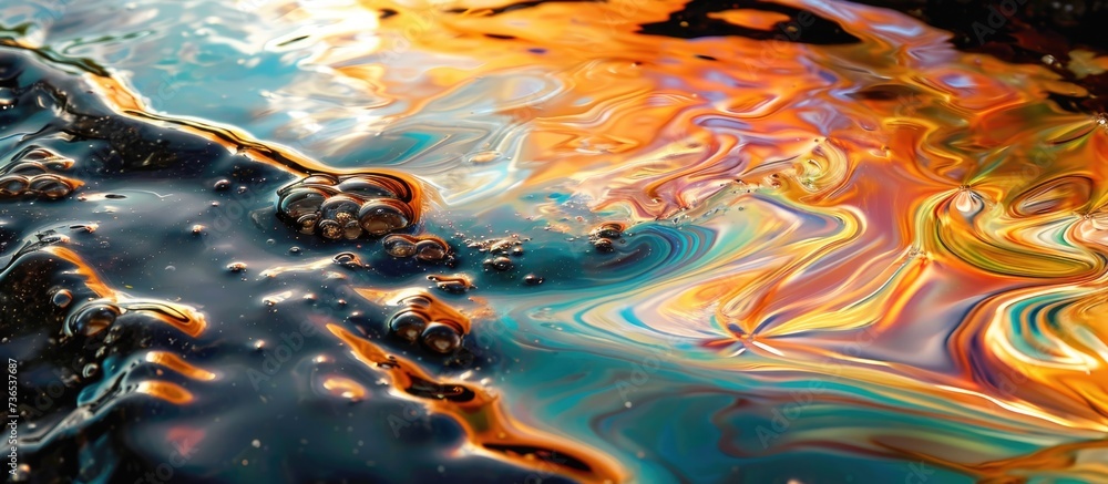 Colorful shapes and iridescence against a reflective surface. Tar and ...