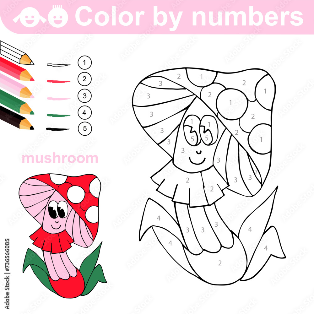 Color by Numbers. Mushroom. Coloring page. Coloring puzzle with numbers ...