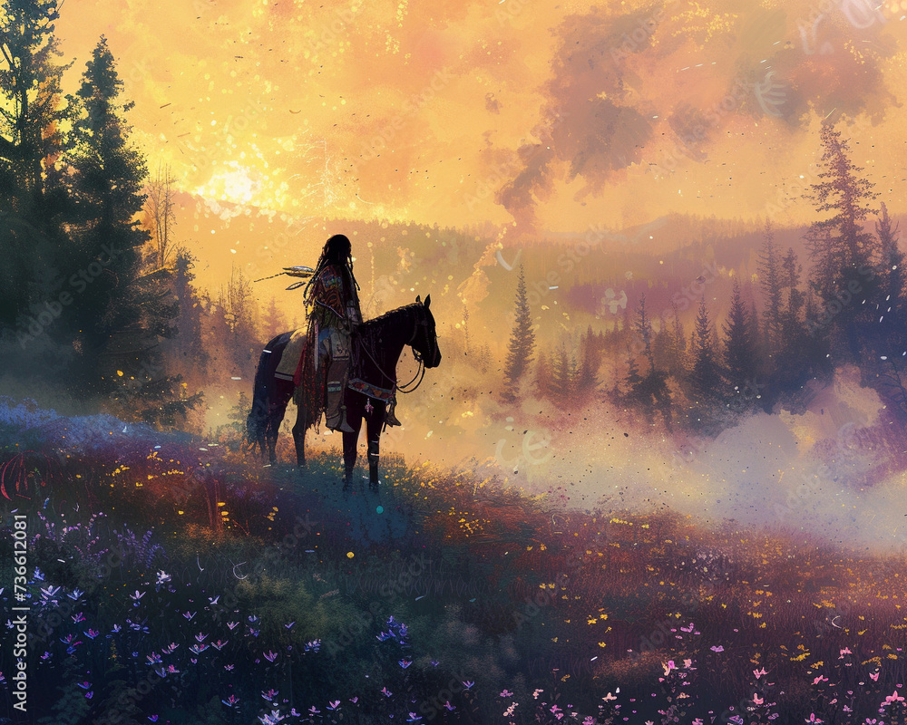 Dawn breaks over a clearing where a Native American on horseback ...