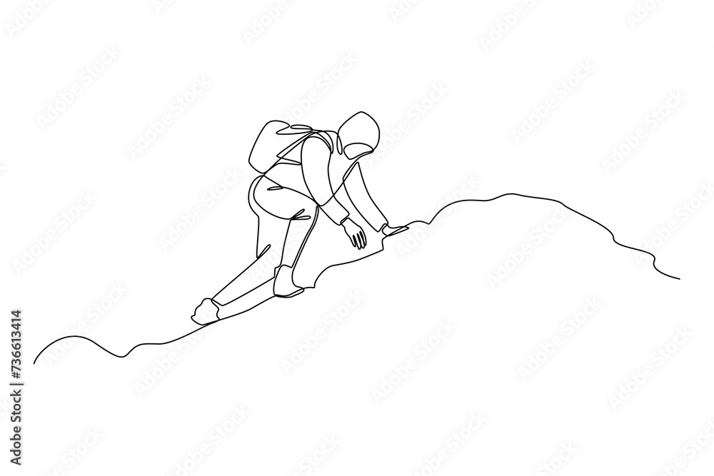 Continuous one line drawing man climb the mountain alone, binocular ...