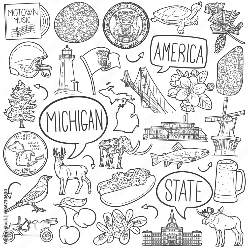 Michigan Doodle Icons Black and White Line Art. Usa State Clipart Hand ...