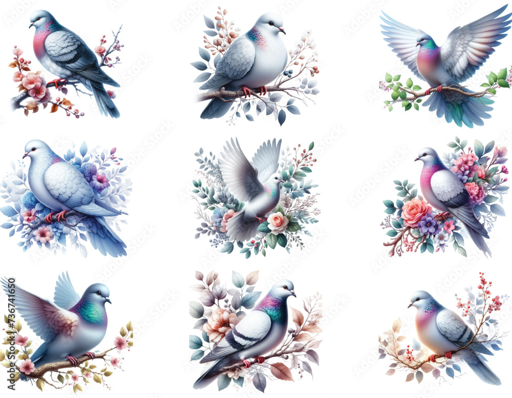 Watercolor Cute Dove Clipart Bundle Stock Vector | Adobe Stock
