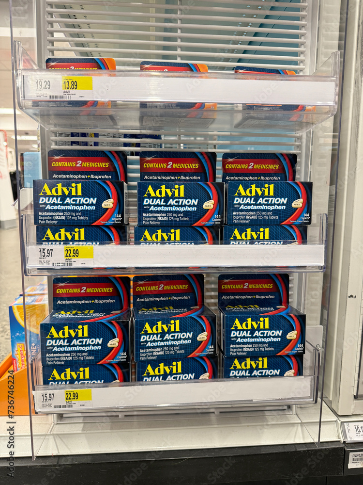 Packs of Advil Dual Action on store shelves. Stock Photo | Adobe Stock